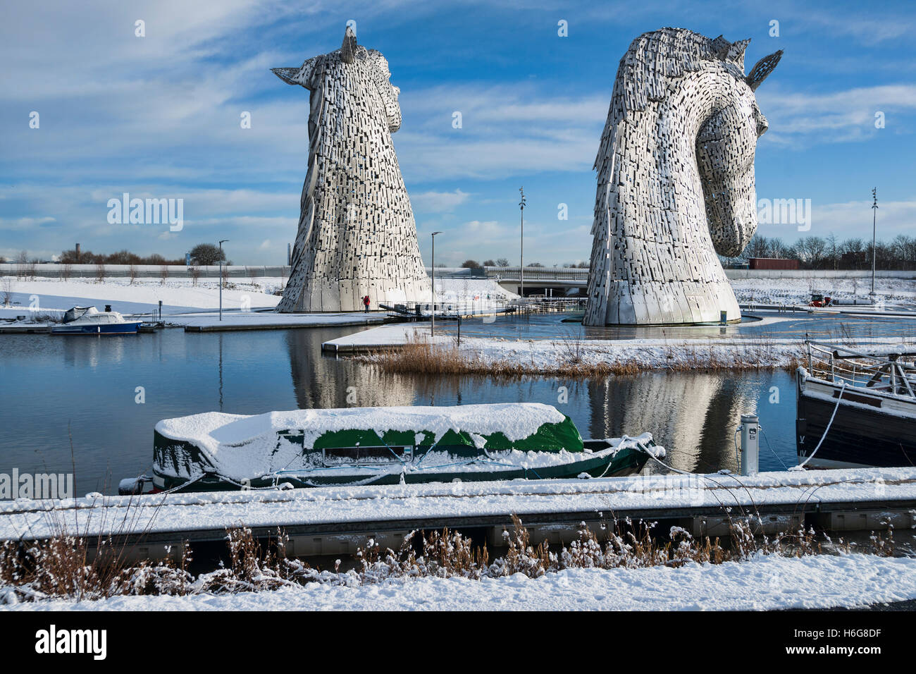 Kelpies in winter snow, Helix Park, Falkirk, Scotland, UK Stock Photo ...