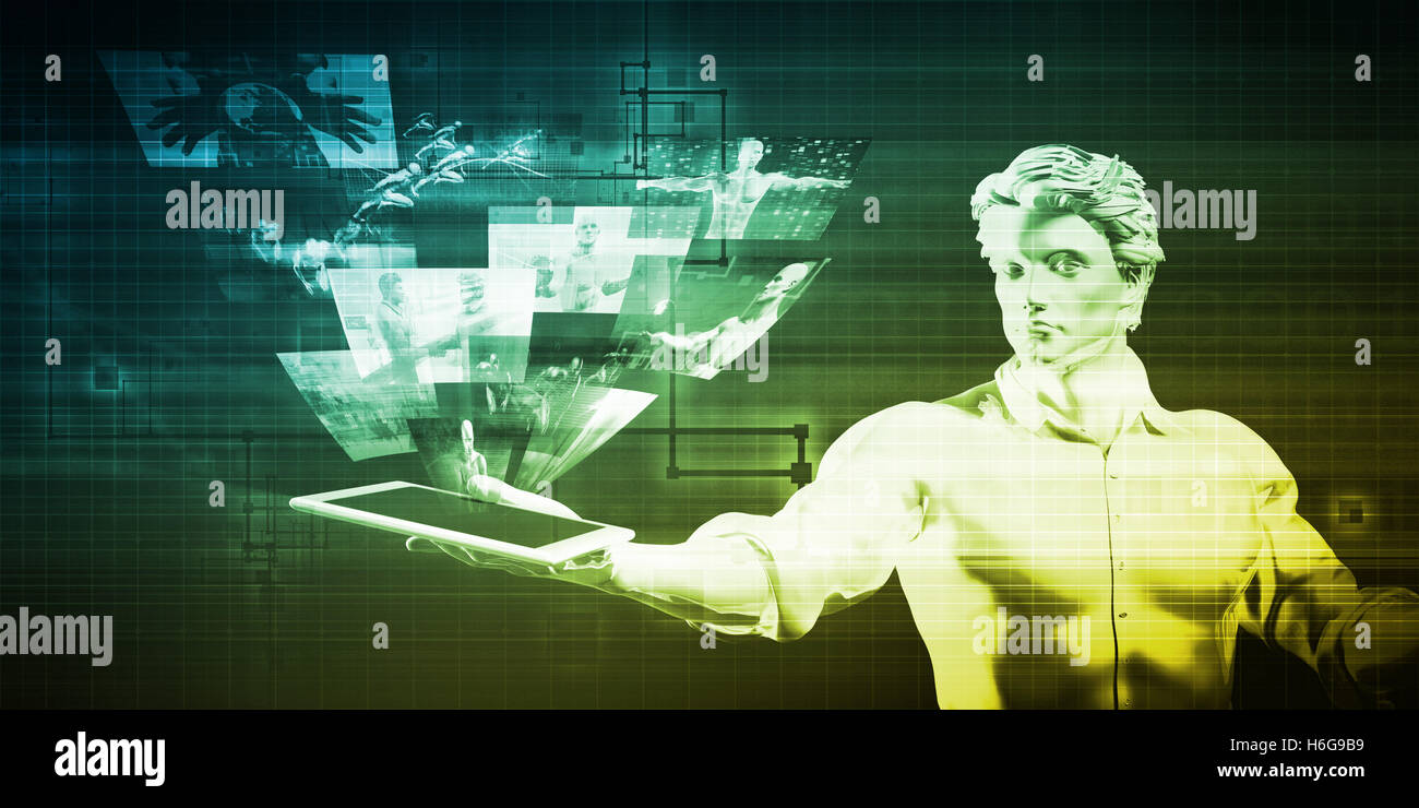 Man Holding Tablet with Multimedia Content Tabs Coming Out Stock Photo ...