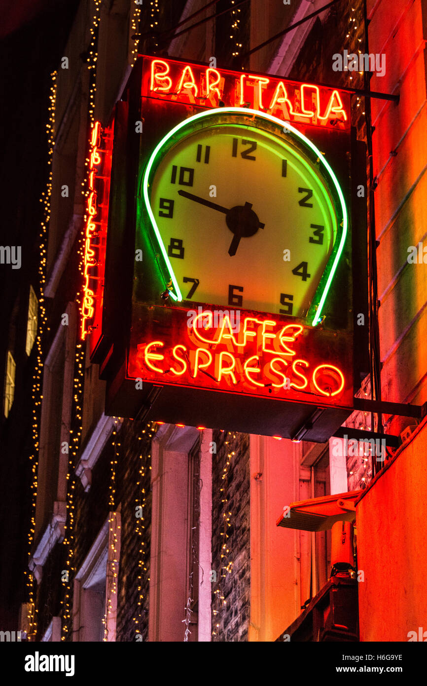 The clock outside Bar Italia, Frith Street, Soho London. Traditional ...