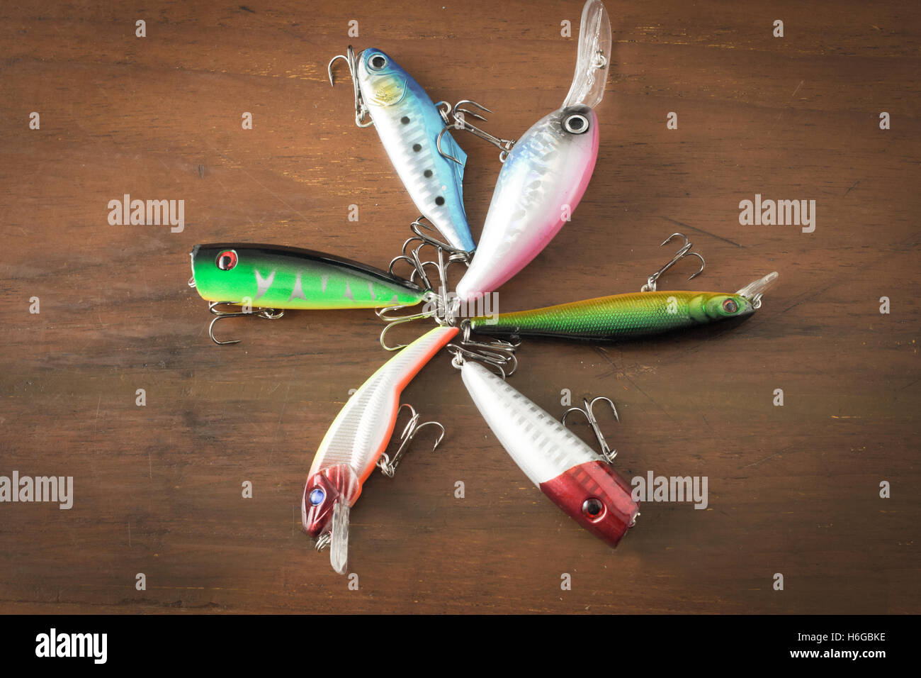Set of Fishing Lure on wood table with copy space Stock Photo - Alamy