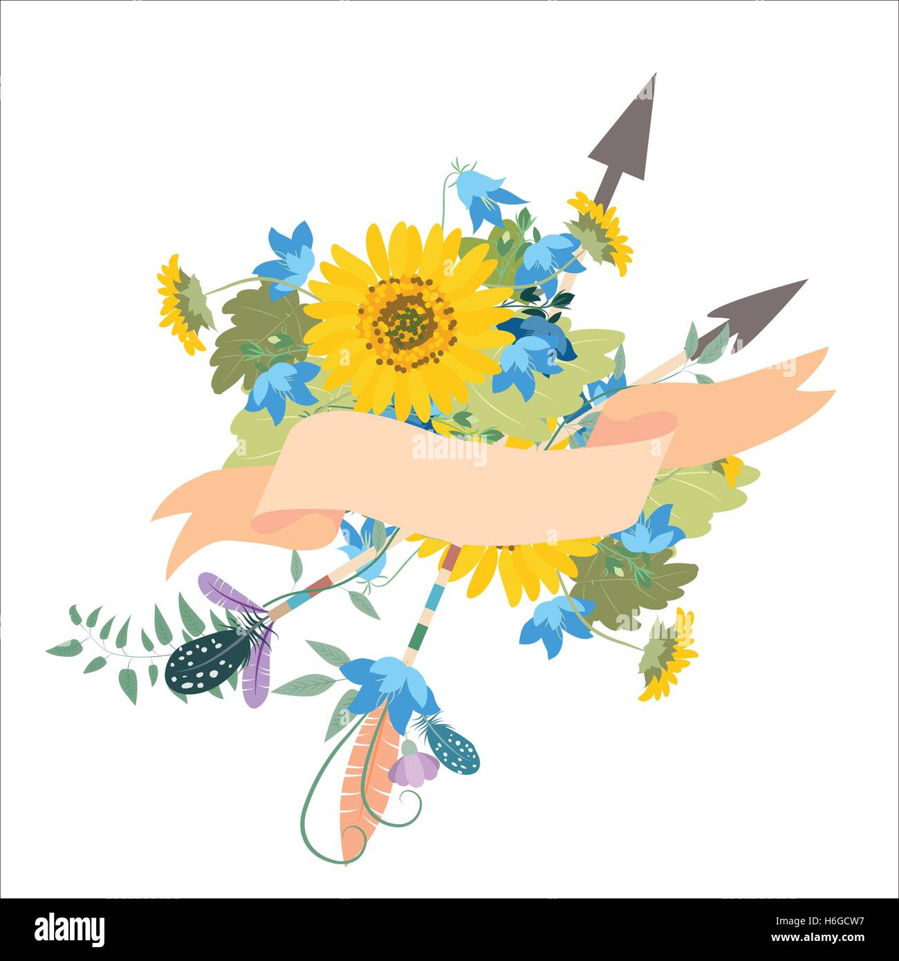 Flower arrangement with sunflowers kolokolchiklm arrows. Greeting card ...