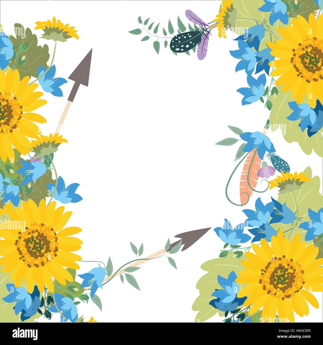 Flower arrangement with sunflowers kolokolchiklm arrows. Greeting card ...