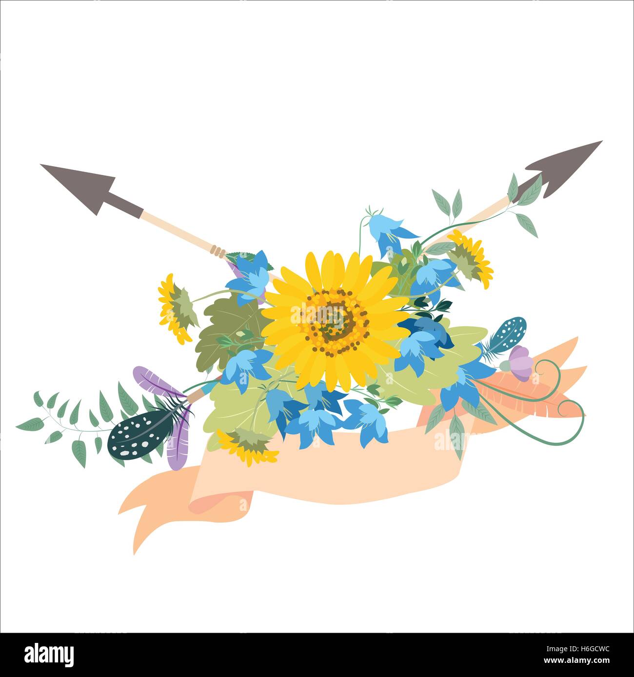 Flower arrangement with sunflowers kolokolchiklm arrows. Greeting card ...
