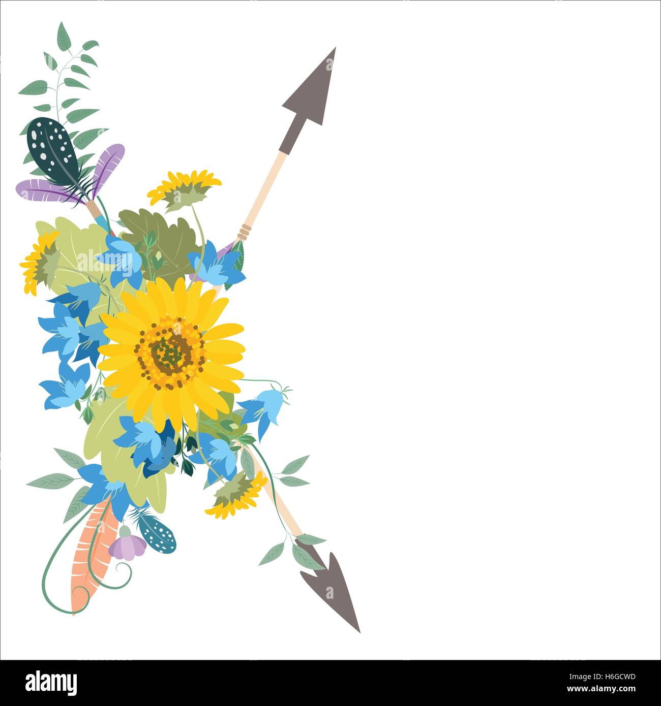 Flower arrangement with sunflowers kolokolchiklm arrows. Greeting card ...