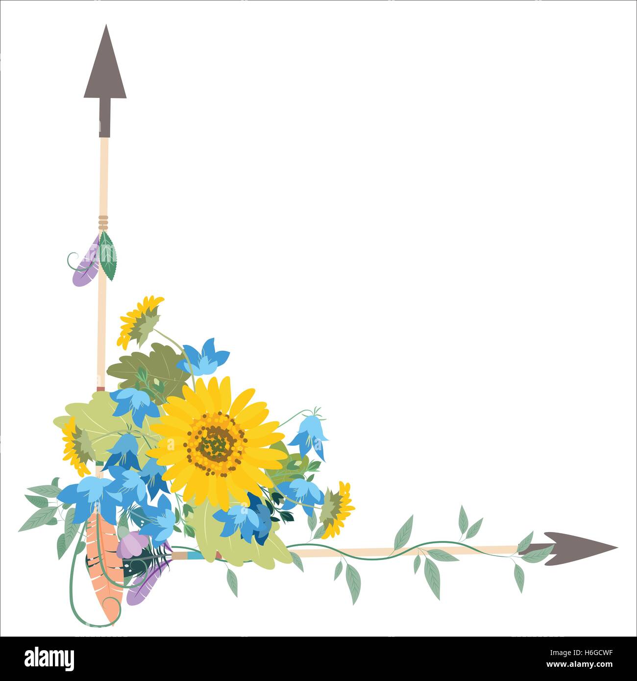 Flower arrangement with sunflowers kolokolchiklm arrows. Greeting card ...