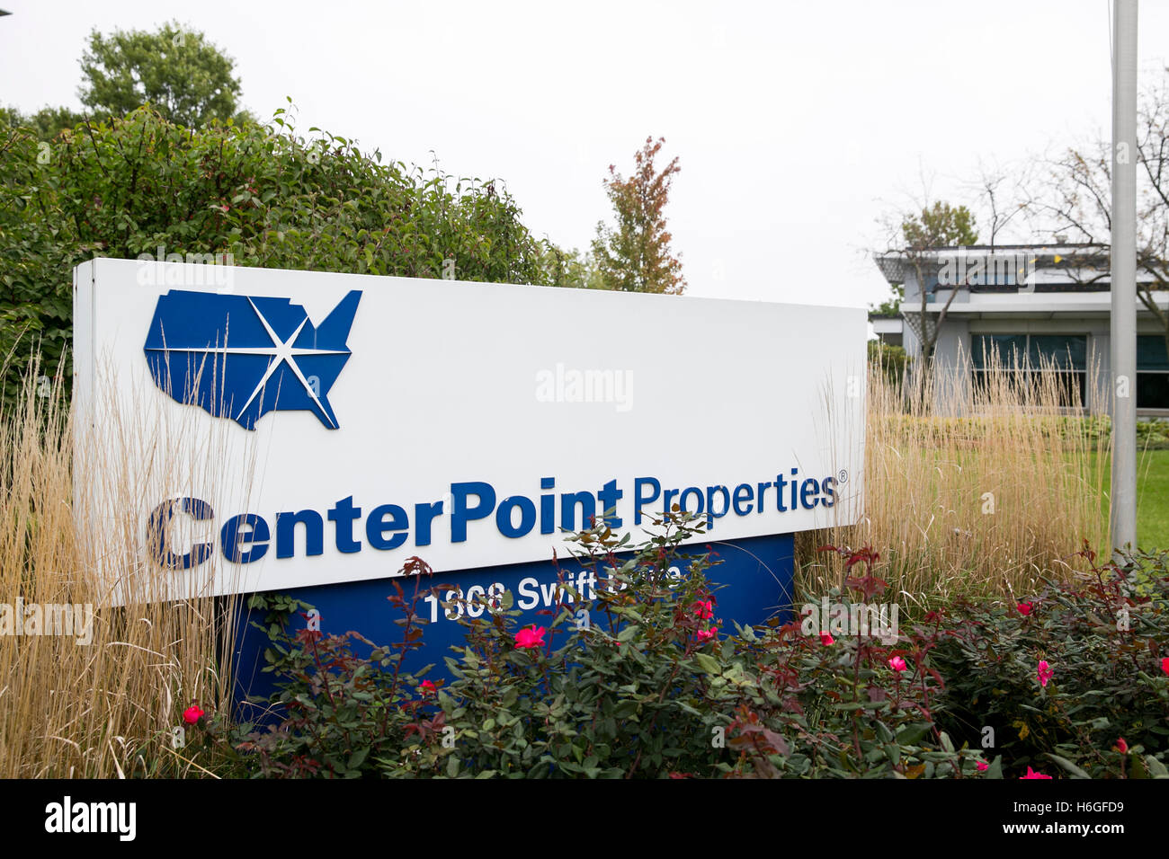 A logo sign outside of the headquarters of CenterPoint Properties in ...