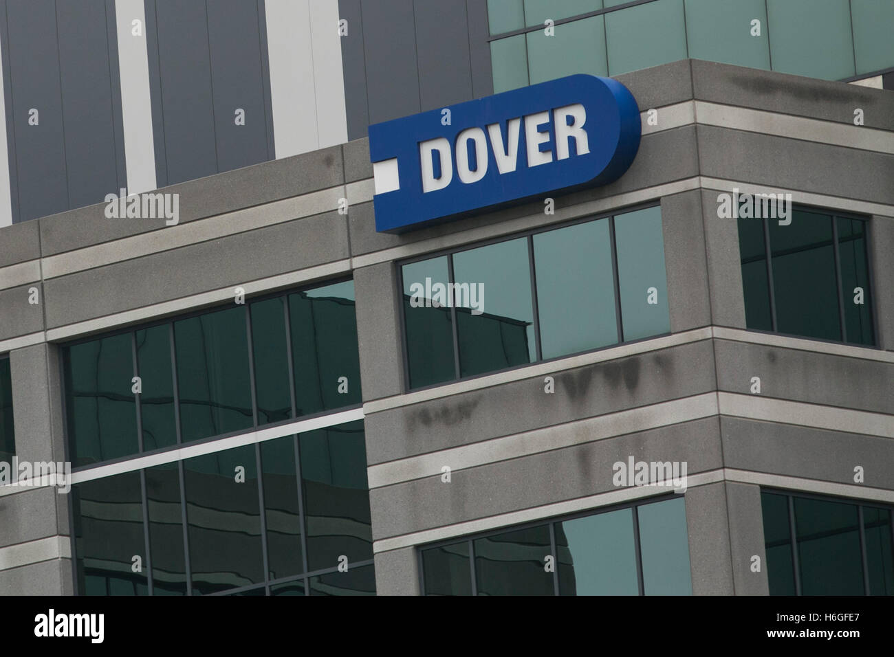 A logo sign outside of the headquarters of the Dover Corporation in ...