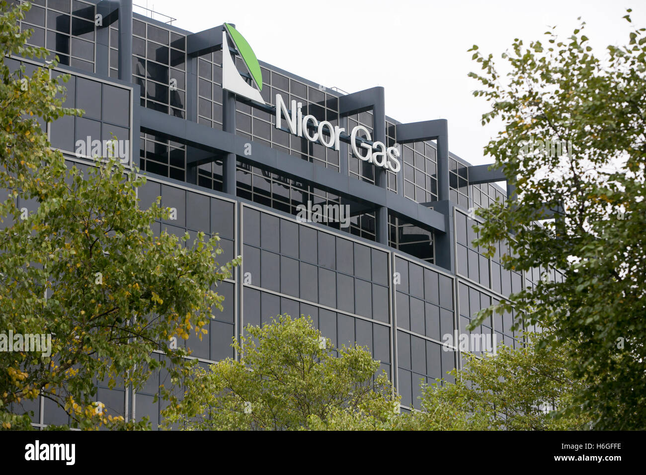 A logo sign outside of the headquarters of Nicor Gas in Naperville ...