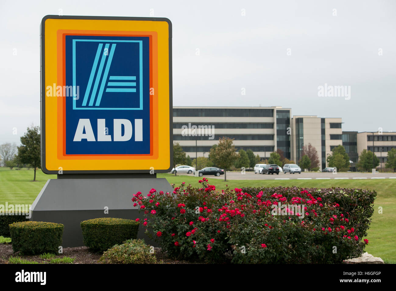 A logo sign outside of the ALDI US headquarters in Batavia, Illinois on ...