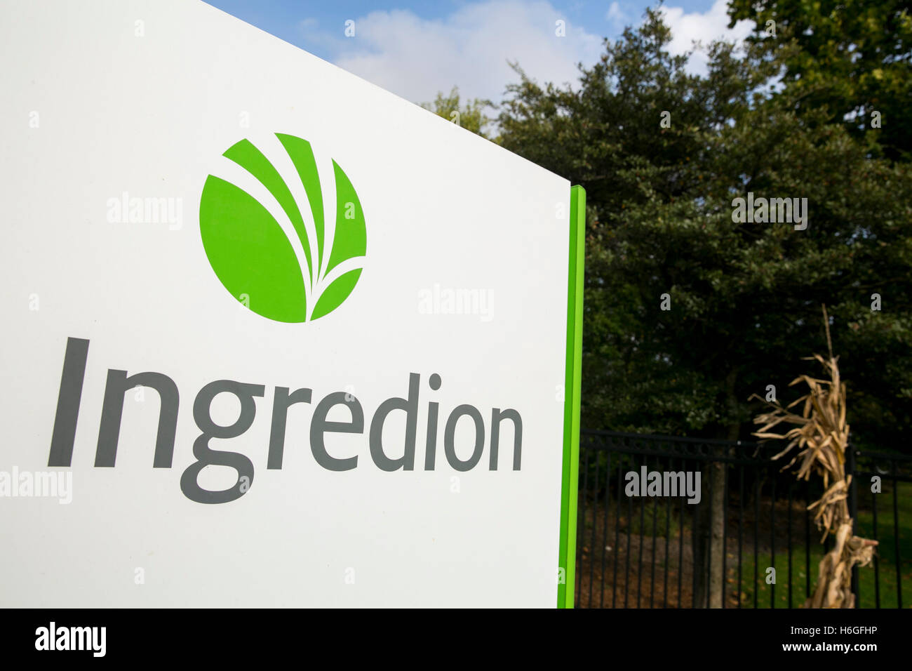 A logo sign outside of a facility occupied by Ingredion, Inc., in ...