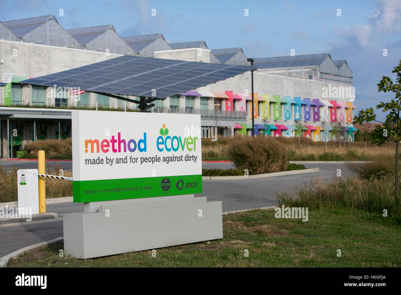 A logo sign outside of the Method and Ecover factory in the Pullman ...