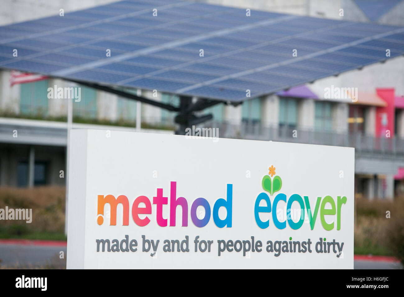 A logo sign outside of the Method and Ecover factory in the Pullman ...