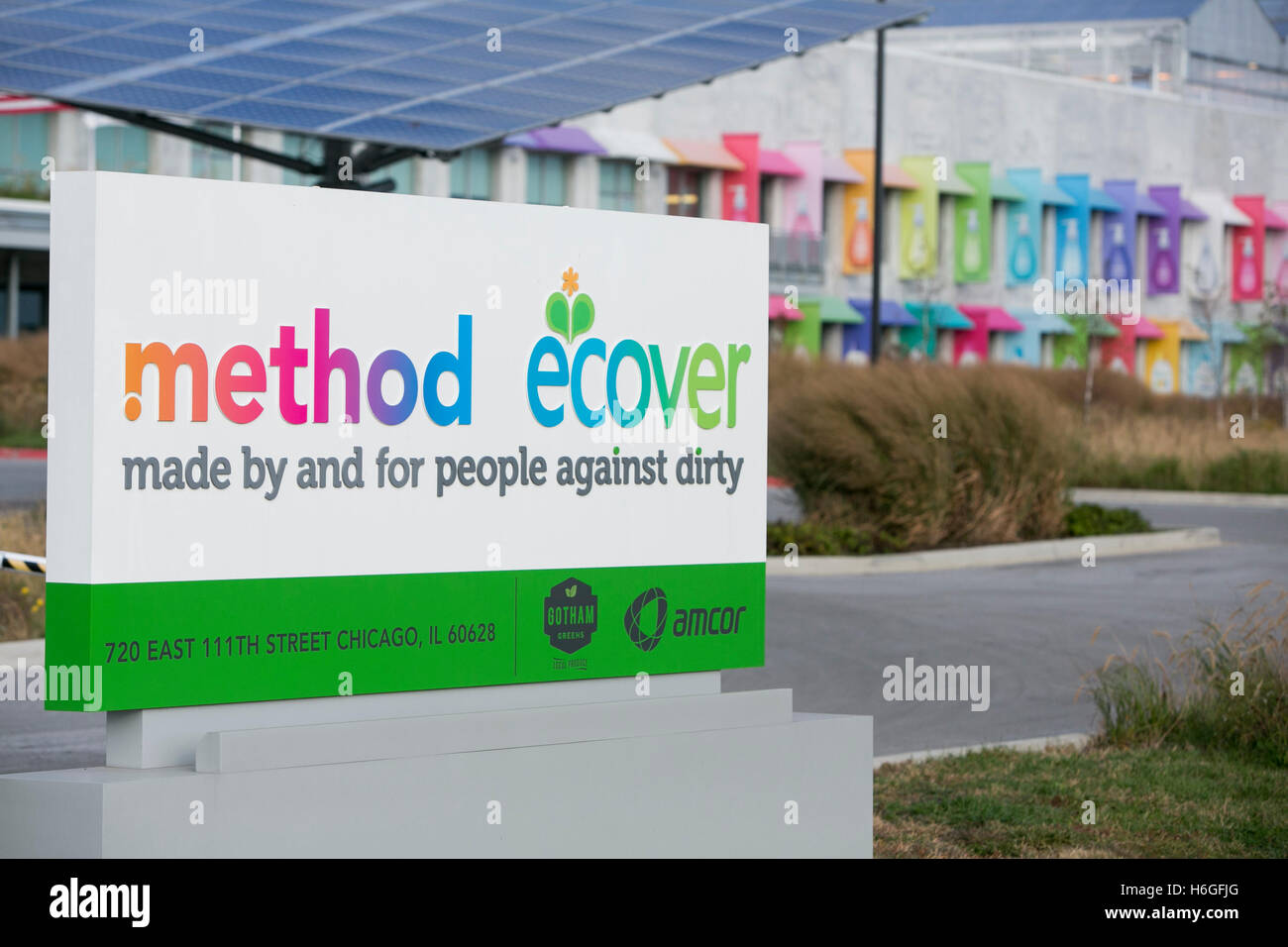 A logo sign outside of the Method and Ecover factory in the Pullman ...