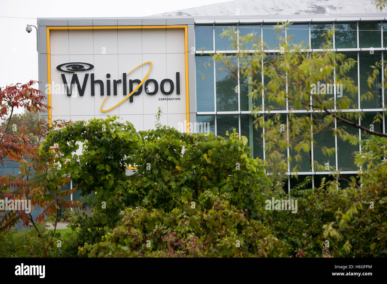 A logo sign outside of a facility occupied by The Whirlpool Corporation ...