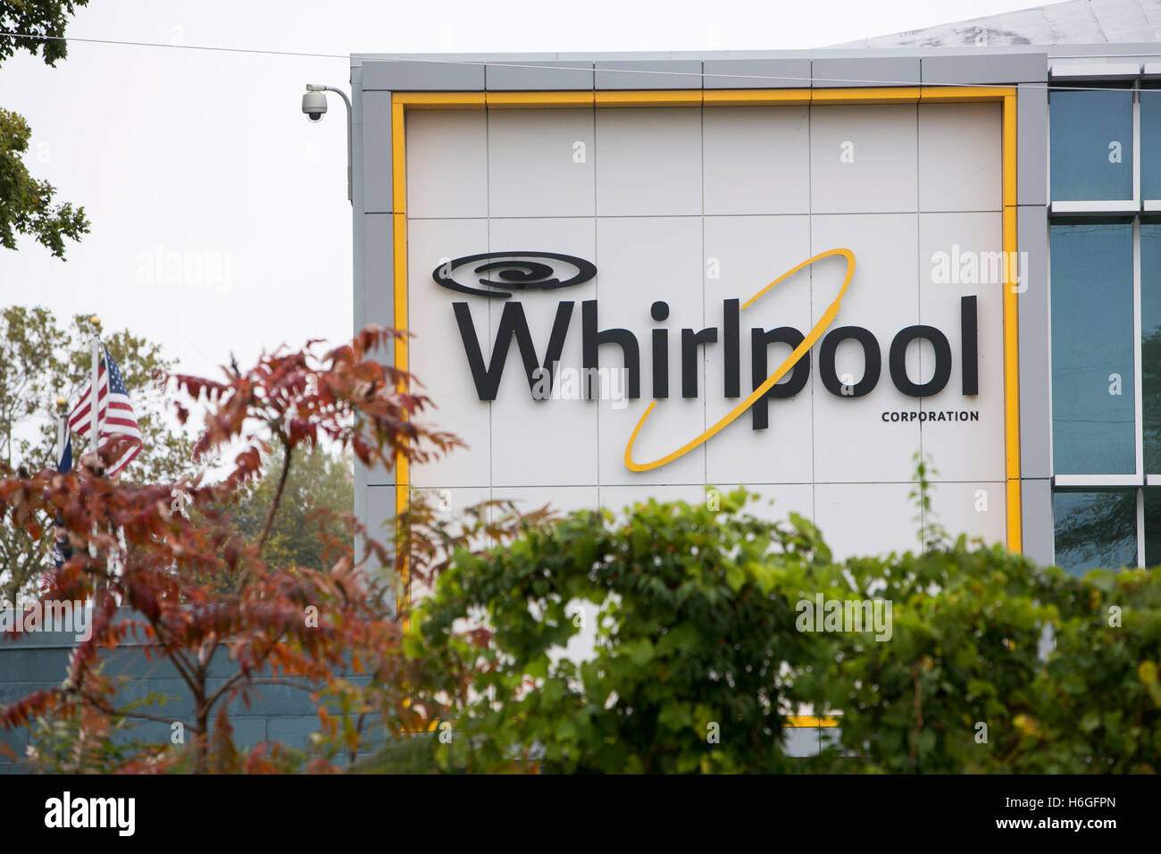 A logo sign outside of a facility occupied by The Whirlpool Corporation ...