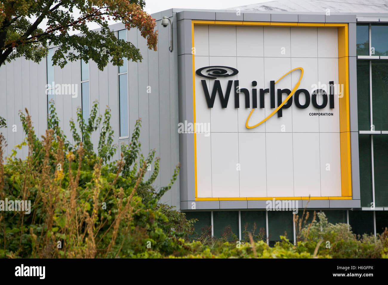 A logo sign outside of a facility occupied by The Whirlpool Corporation ...