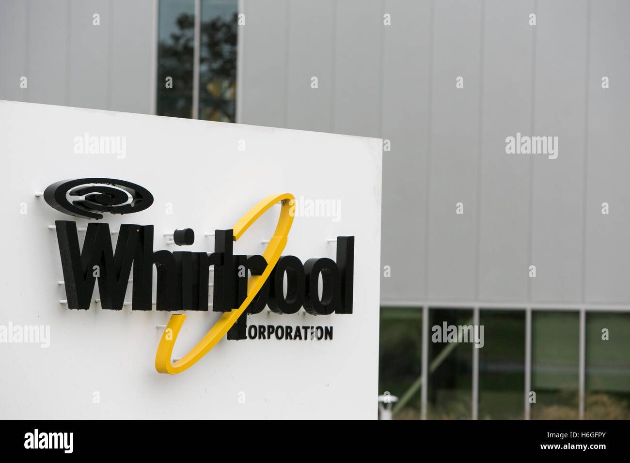 A logo sign outside of a facility occupied by The Whirlpool Corporation ...