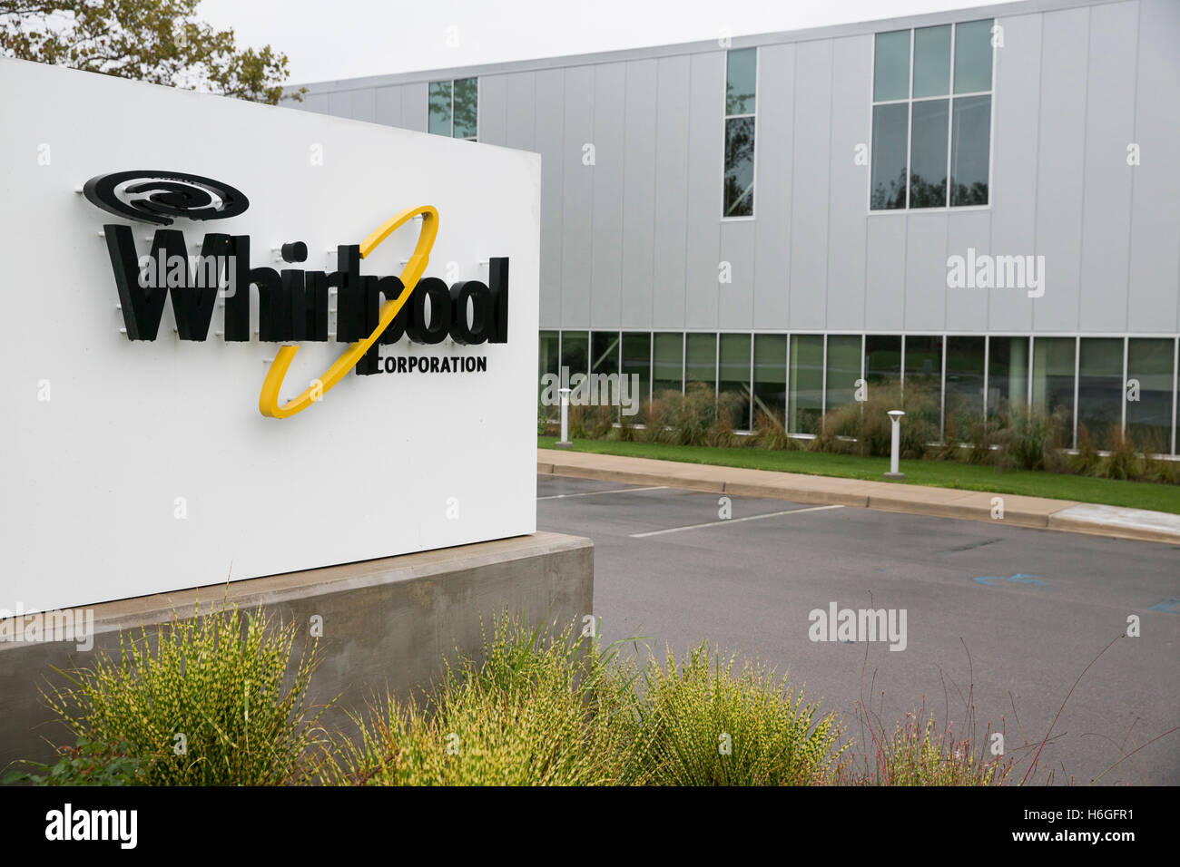 A logo sign outside of a facility occupied by The Whirlpool Corporation ...