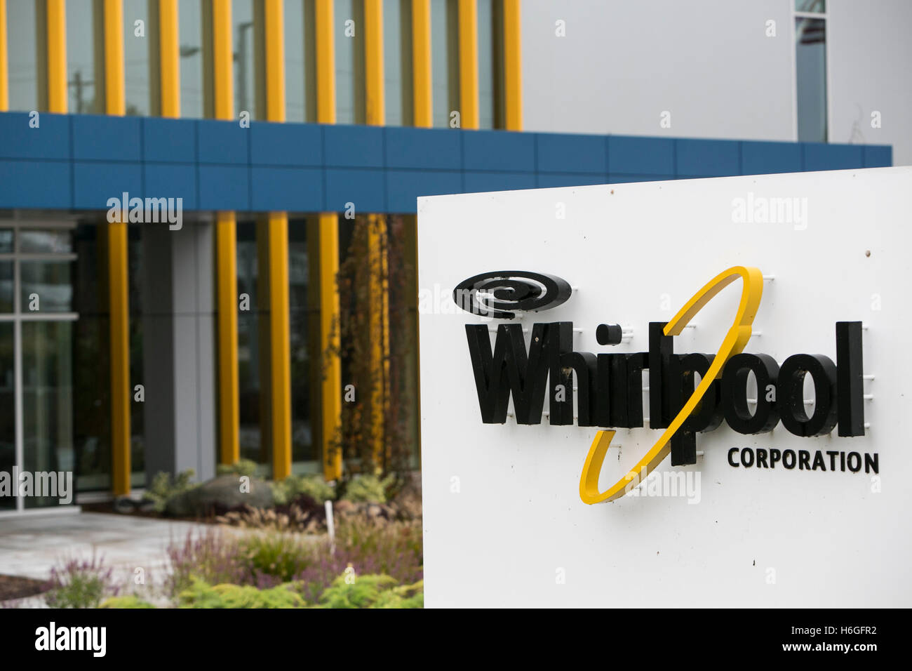 A logo sign outside of a facility occupied by The Whirlpool Corporation ...