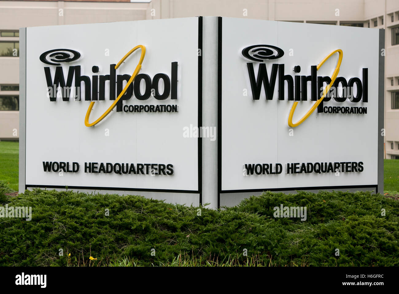 A logo sign outside of the headquarters of The Whirlpool Corporation in ...