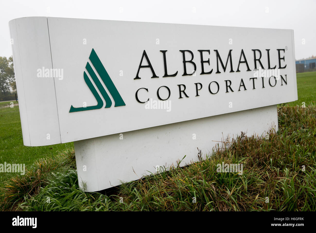 A logo sign outside of a facility occupied by the Albemarle Corporation ...