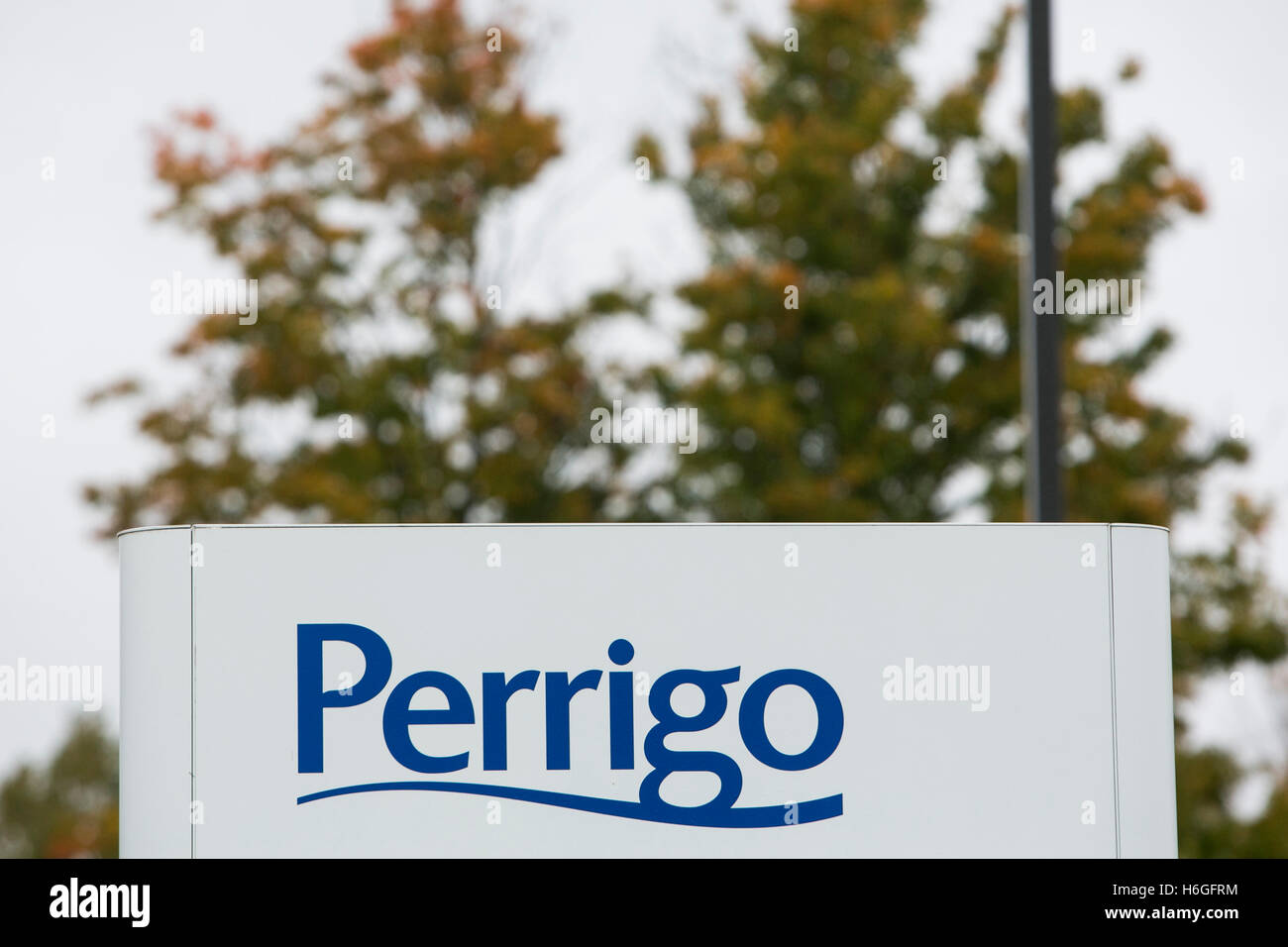A logo sign outside of the headquarters of the Perrigo Company in ...