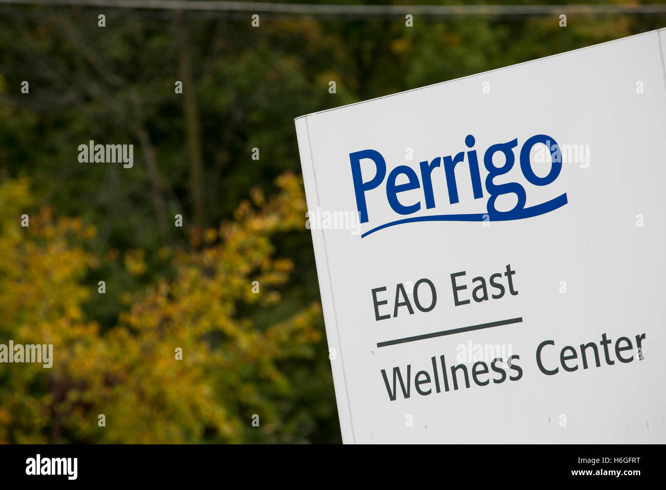 A logo sign outside of the headquarters of the Perrigo Company in ...