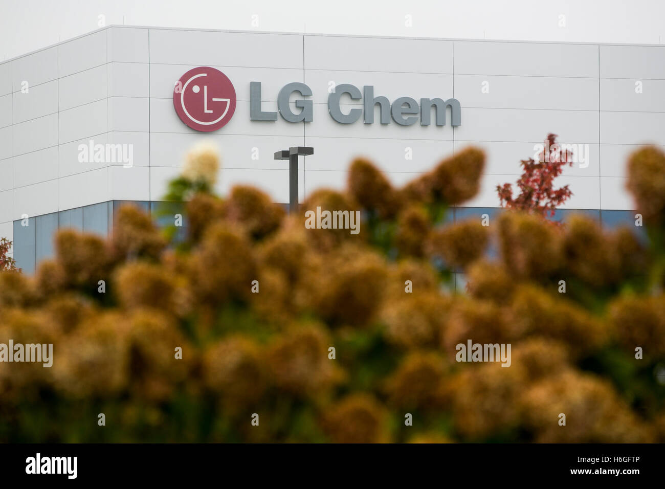 A logo sign outside of a facility occupied by LG Chem in Holland ...