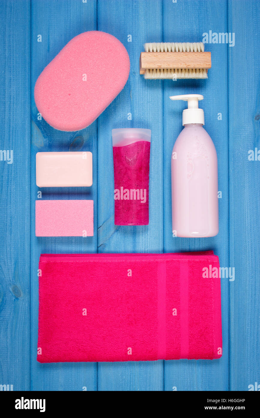 Cosmetics and accessories for personal hygiene in bathroom, soap, body ...