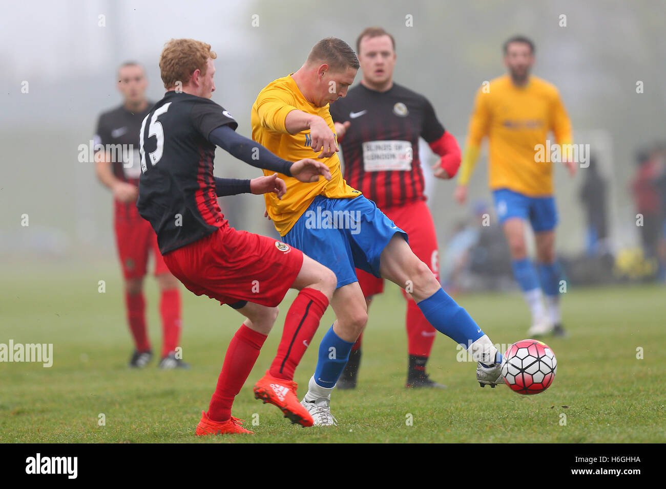 Mile End score their first goal during Mile End (yellow) vs Mustard ...
