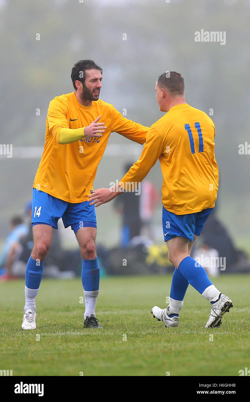 Mile End score their first goal and celebrate during Mile End (yellow ...