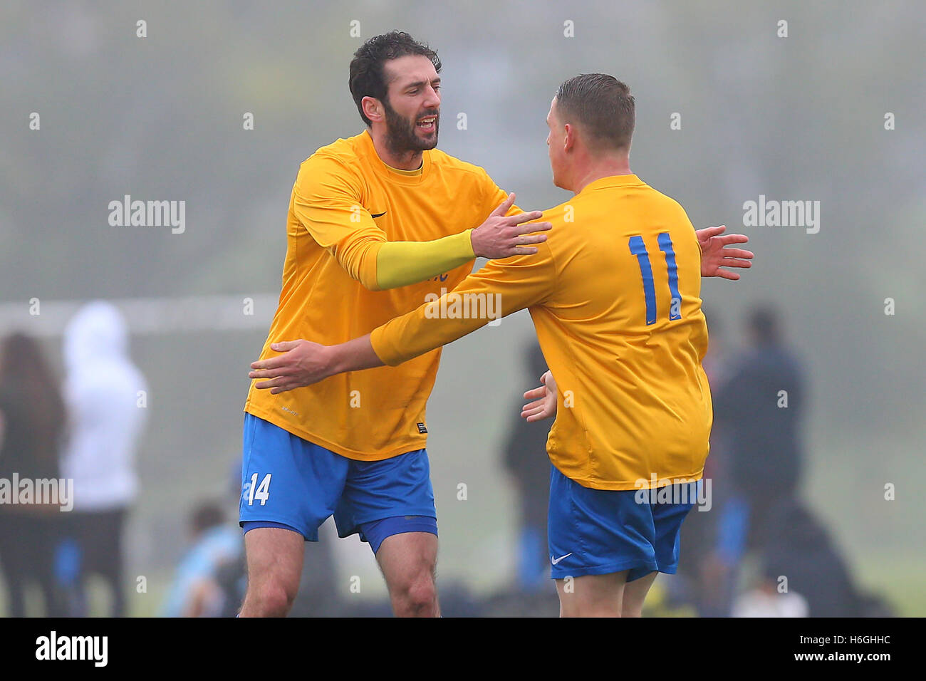 Mile End score their first goal and celebrate during Mile End (yellow ...