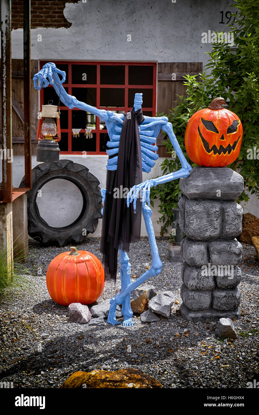 Halloween statue. Pumpkin and skeleton Stock Photo - Alamy