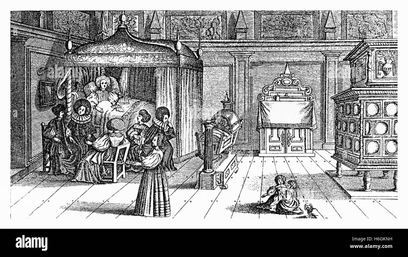 XVII century, lady with friends, servant and children in the bedroom ...