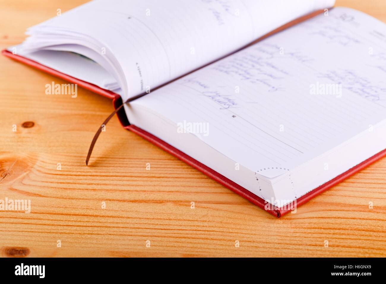 Horizontal photo of opened diary with writing made by blue ink on white ...
