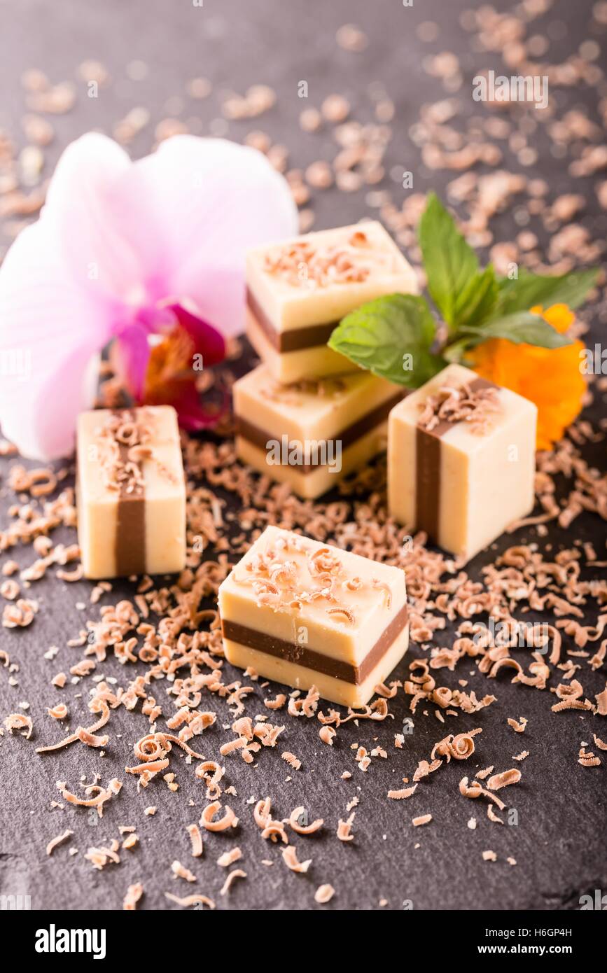 Vertical photo of several pieces of sweet nougat which is made from ...