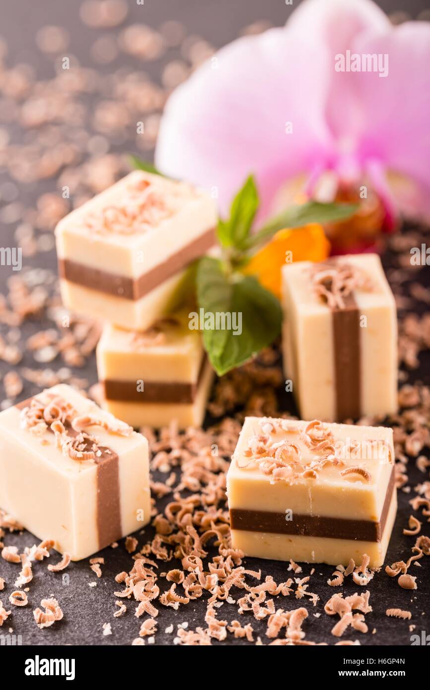 Vertical photo of several pieces of sweet nougat which is made from ...
