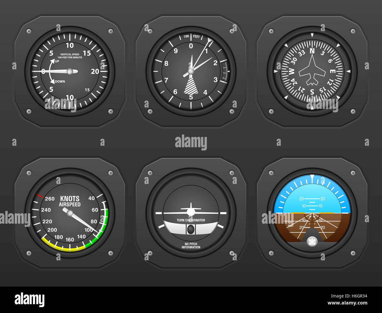 Flight instrument on a black dashboard Stock Photo - Alamy