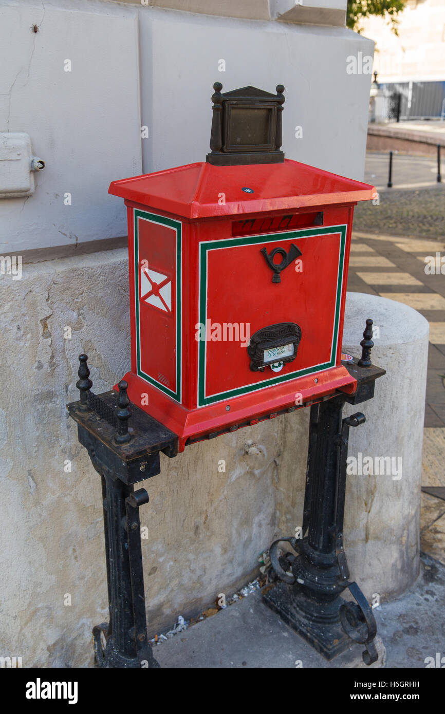 Mail box red. Budapest, Hungary. Red letterbox in Budapest Stock Photo ...