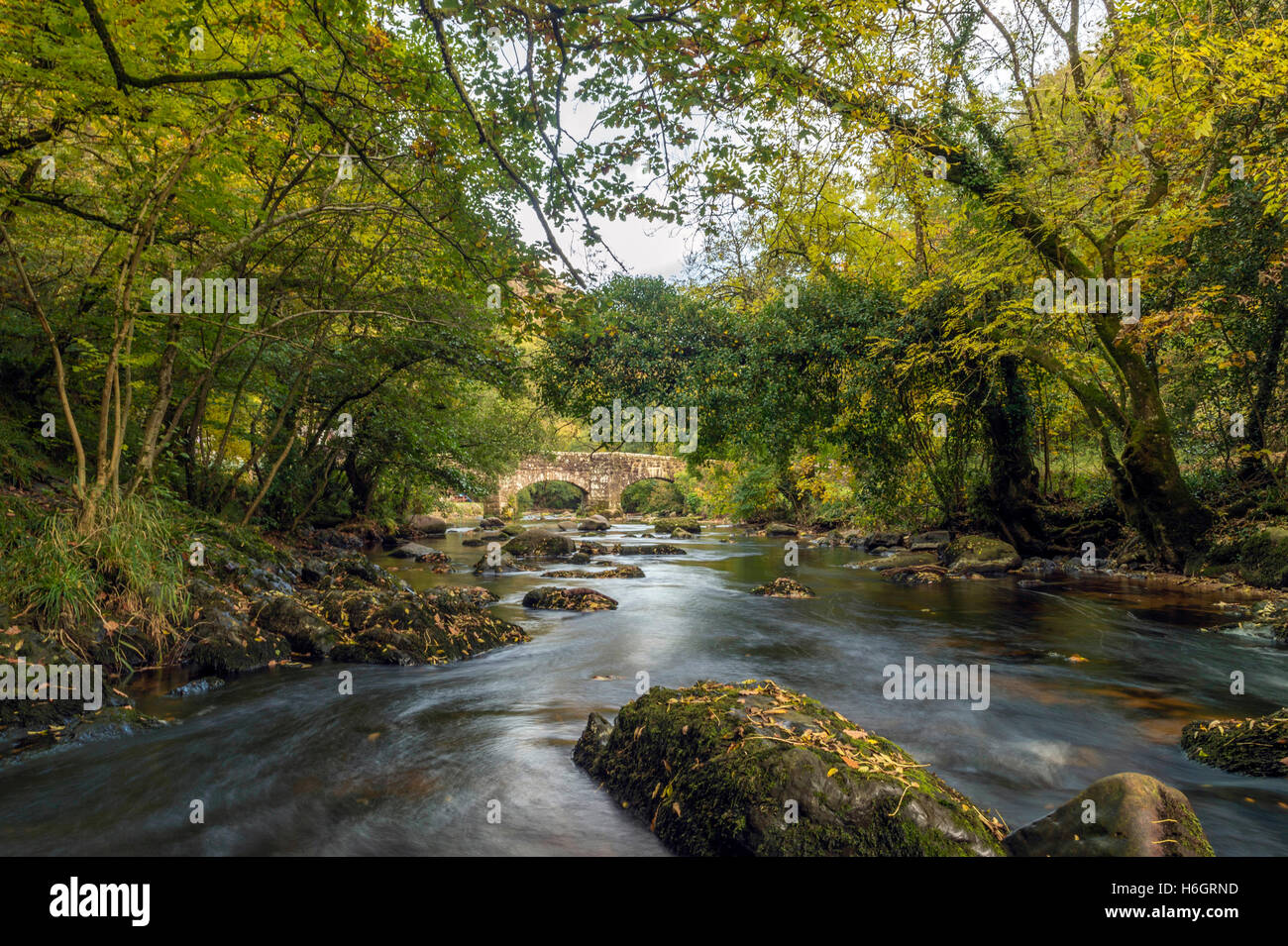 Landscape depicting the beautiful meandering river Teign, Devon on a ...
