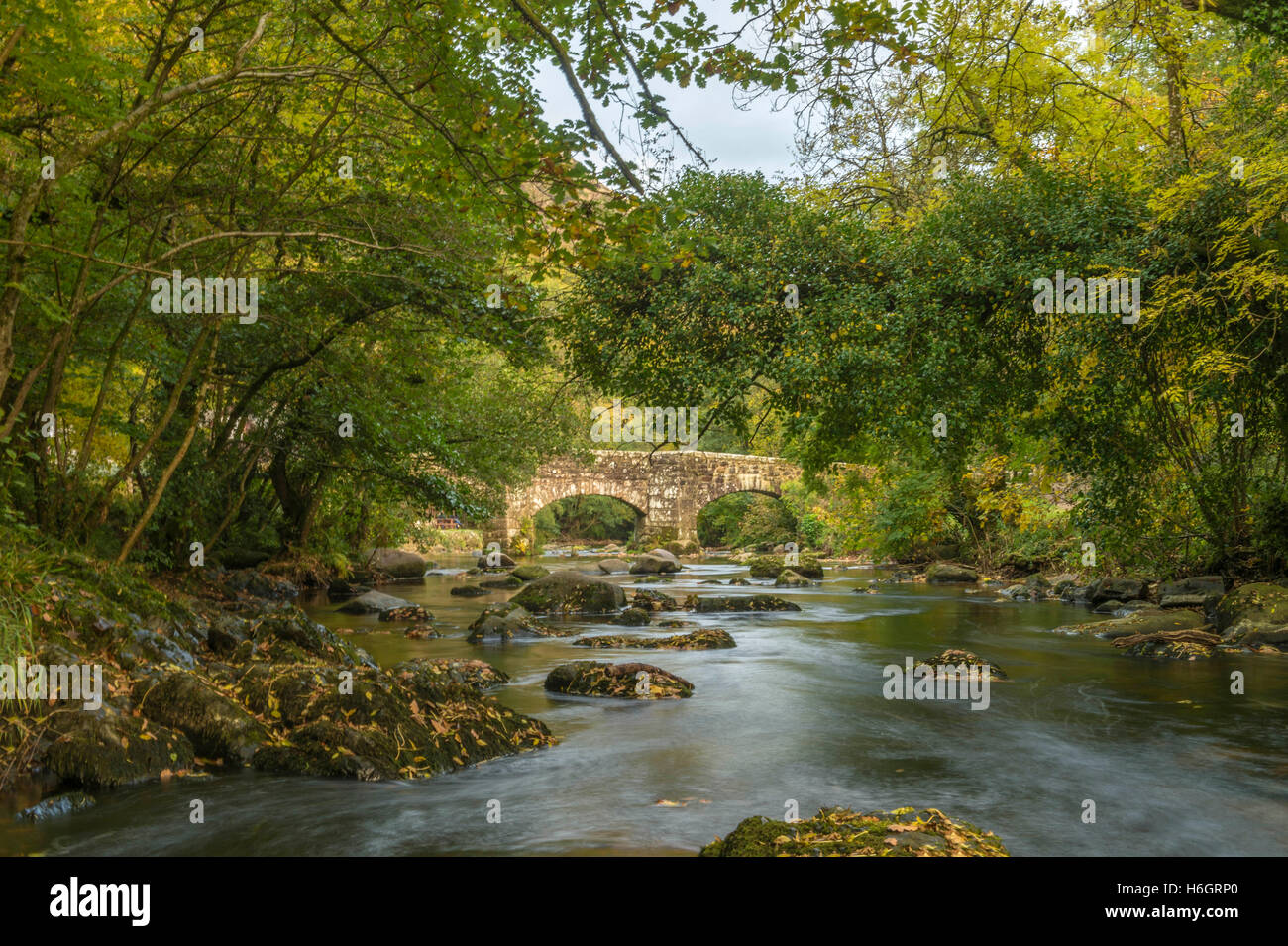 Landscape depicting the beautiful meandering river Teign, Devon on a ...