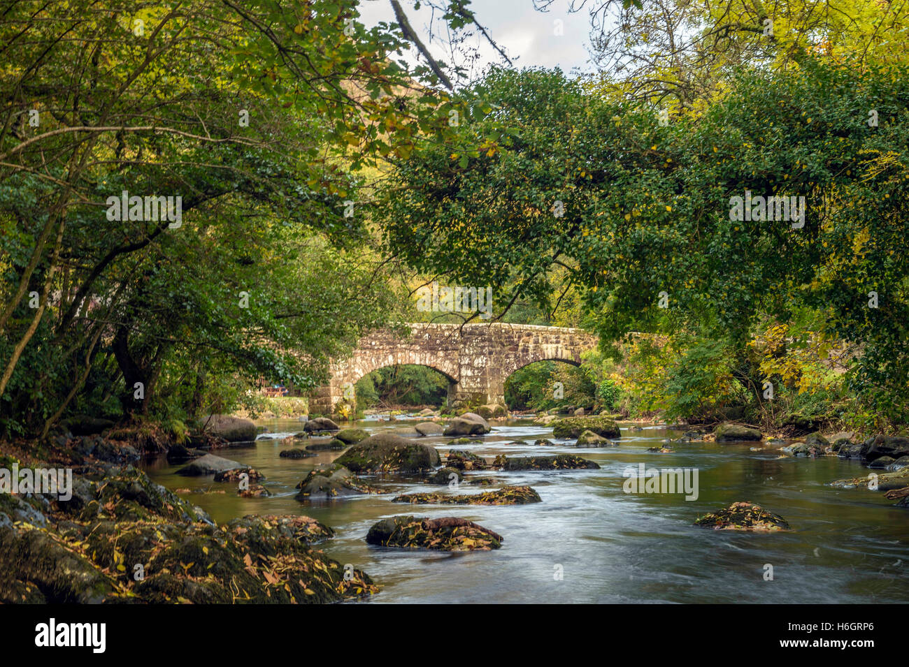 Landscape depicting the beautiful meandering river Teign, Devon on a ...