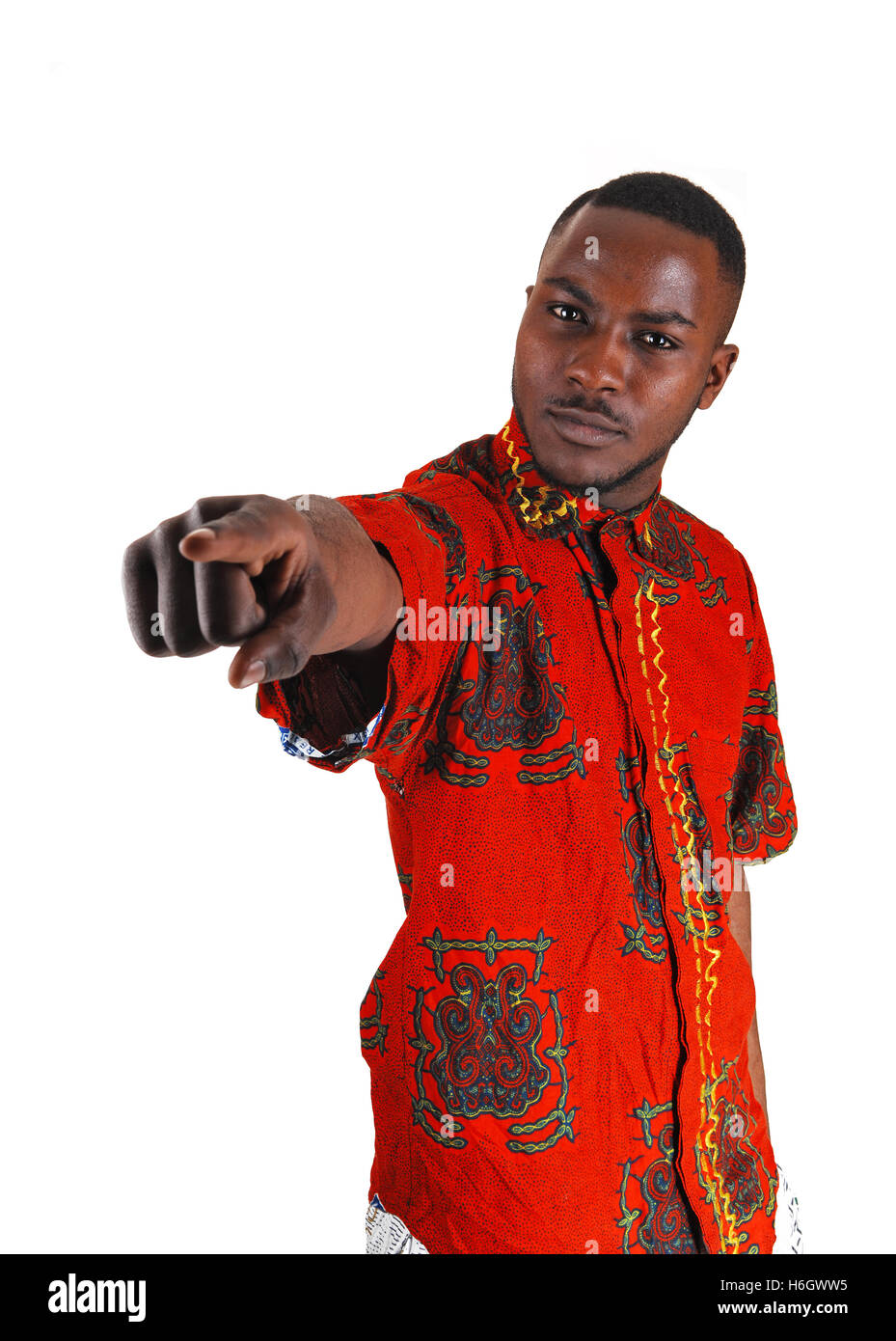 A handsome young black man in a colorful shirt and outstretched arm ...