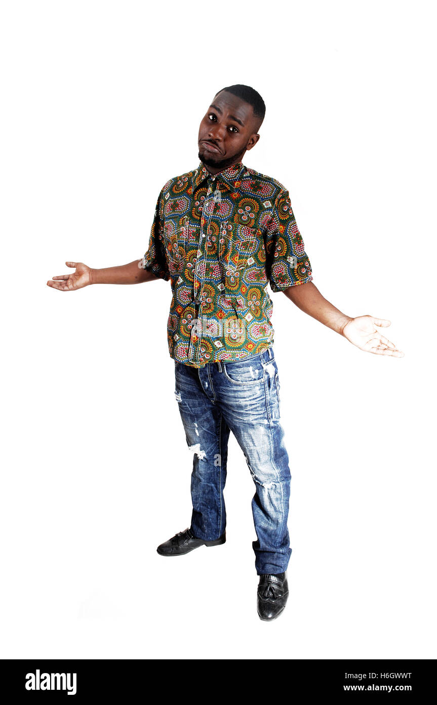 A black young man standing for white background, stretching out his ...