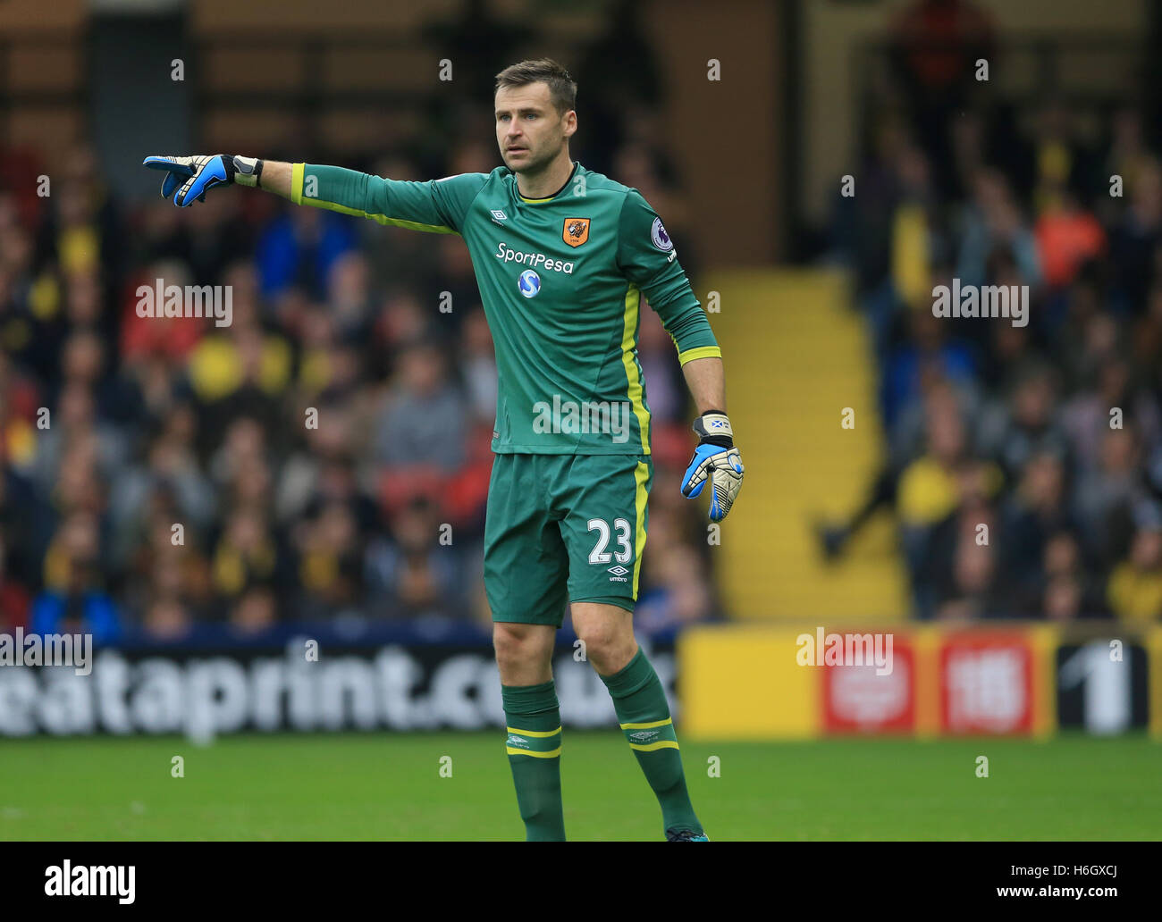 Hull City goalkeeper David Marshall gestures during the Premier League ...