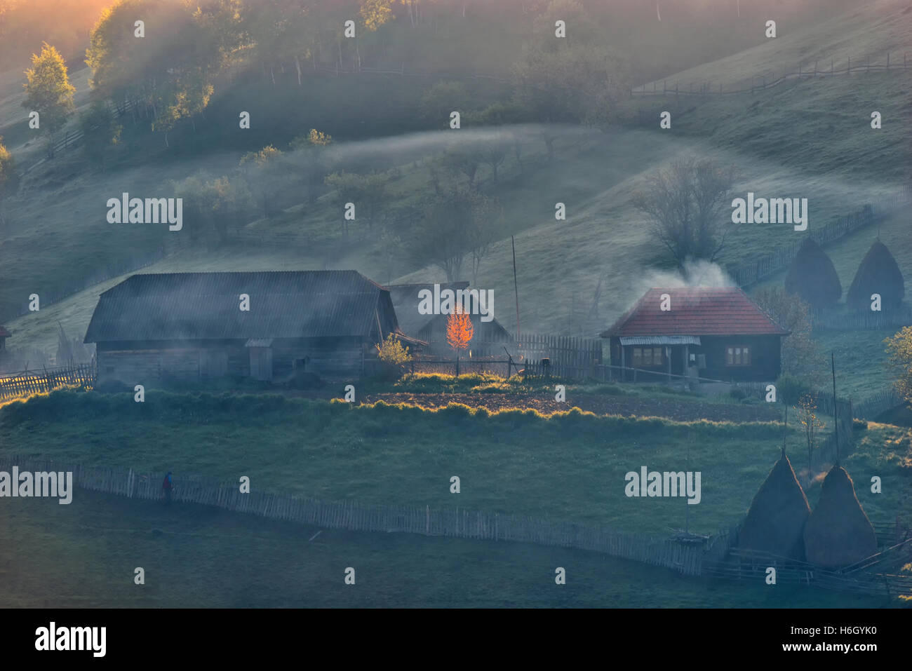Rural landscape with house in summer sunrise light somewhere in ...