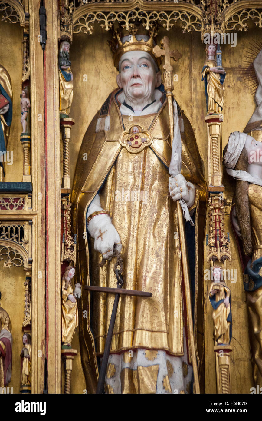 Statue of Saint Clemens, patron Saint of mariners, on the altar, Aarhus ...