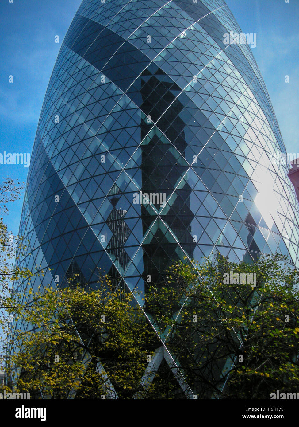 The upper portion of The Gherkin rising above green trees at its base ...