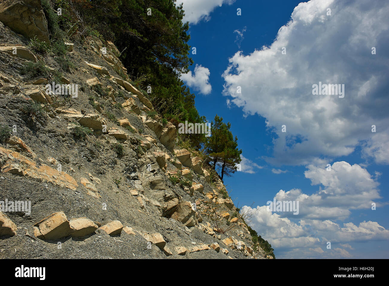 Sharp rocks, they grow pine trees, and blue sky. Horizontally Stock ...