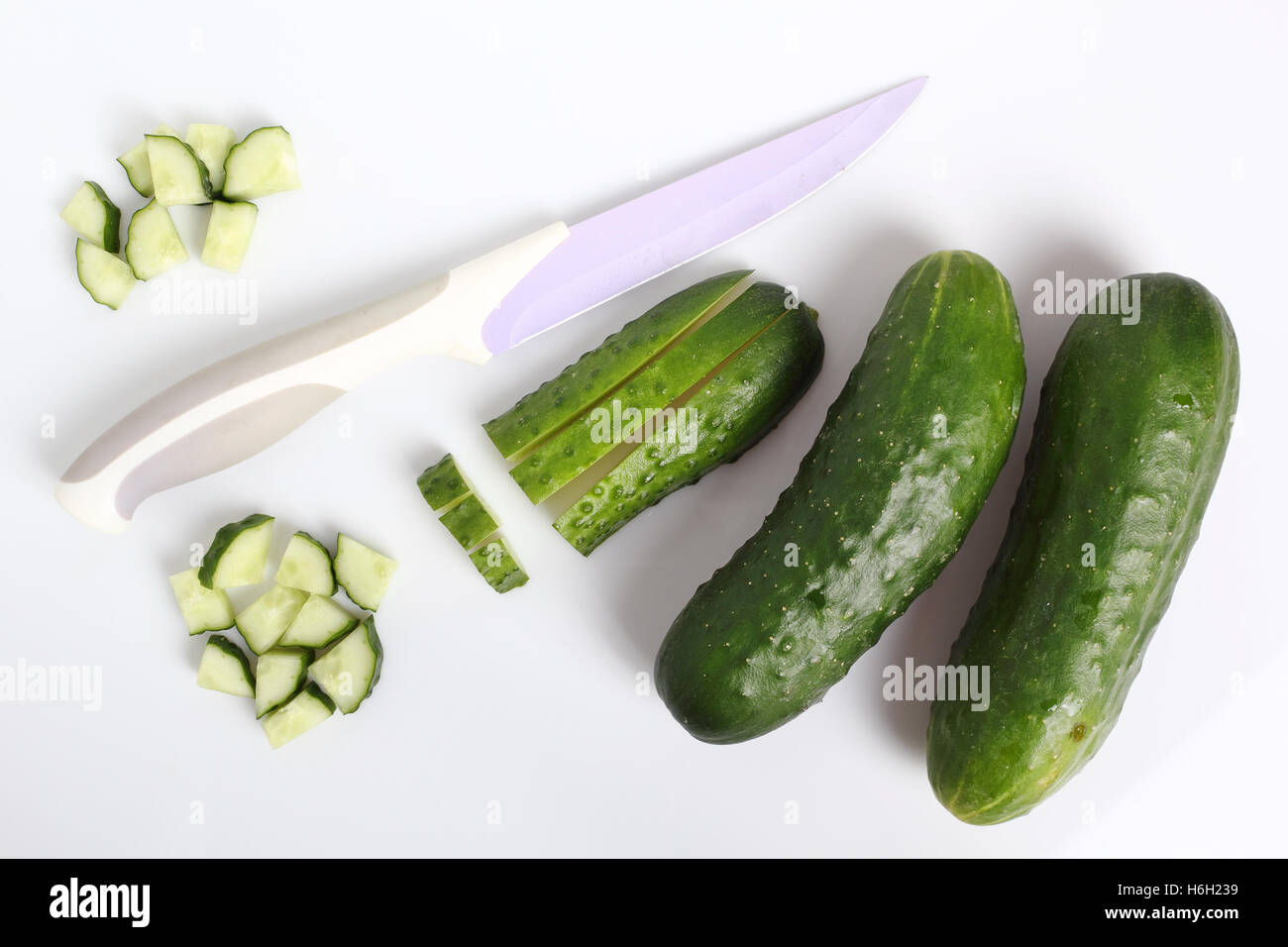 Diced cucumber. Isolated on a white background. Directly Above Stock ...